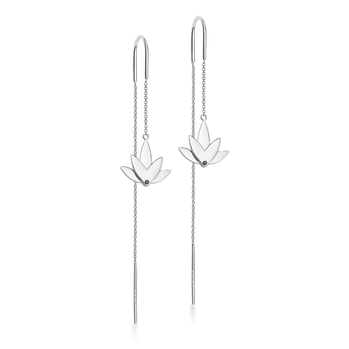 Lotus Earrings with Chain in Sterling Silver and Black Zirconia